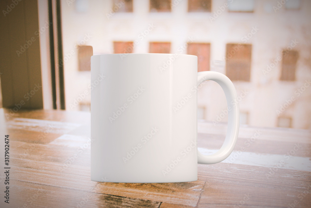 Mug Mockup, on a table in front of a window, looking out to a building ...