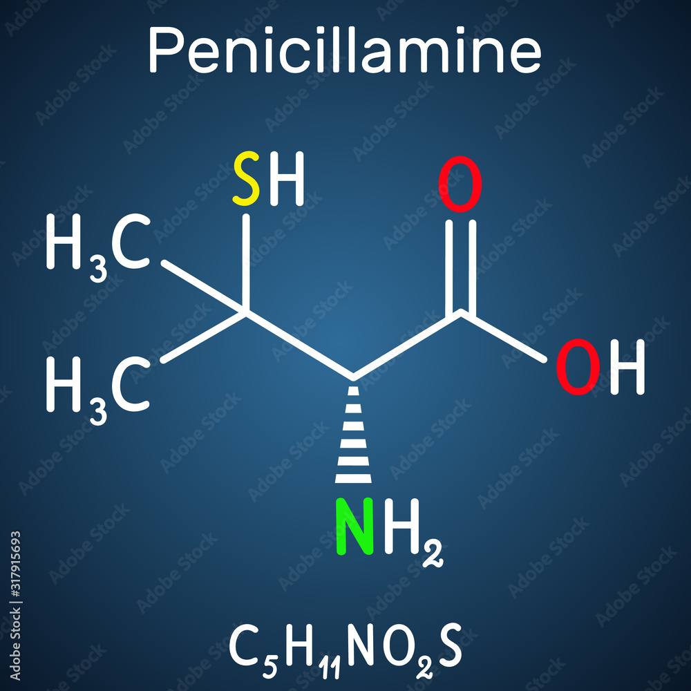 Penicillamine, D-penicillamine C5H11NO2S molecule. It is chelating ...