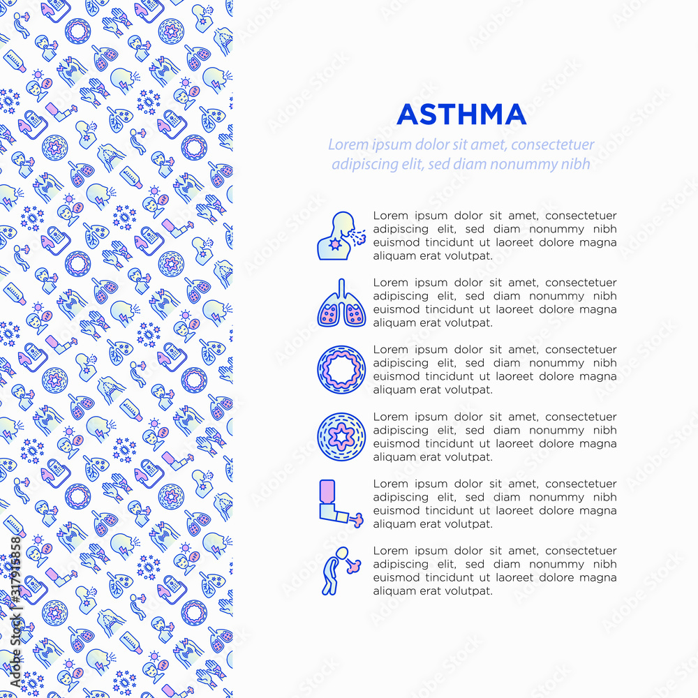 Asthma concept with thin line icons: allergen, dyspnea, cough, wheezing ...