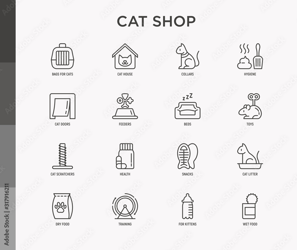 Cat shop thin line icons set: pet transport bag, hygiene, pet collars ...