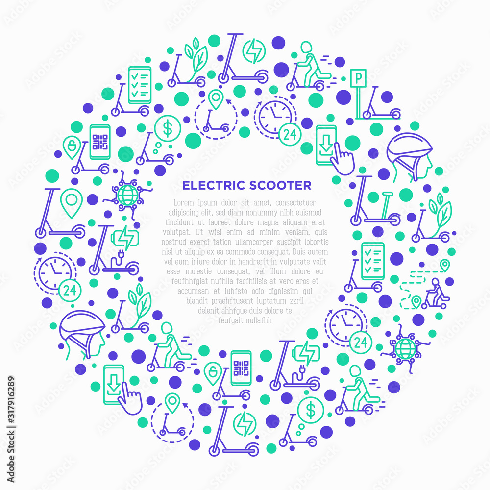 Electric scooter concept in circle thin line icons: sharing service ...