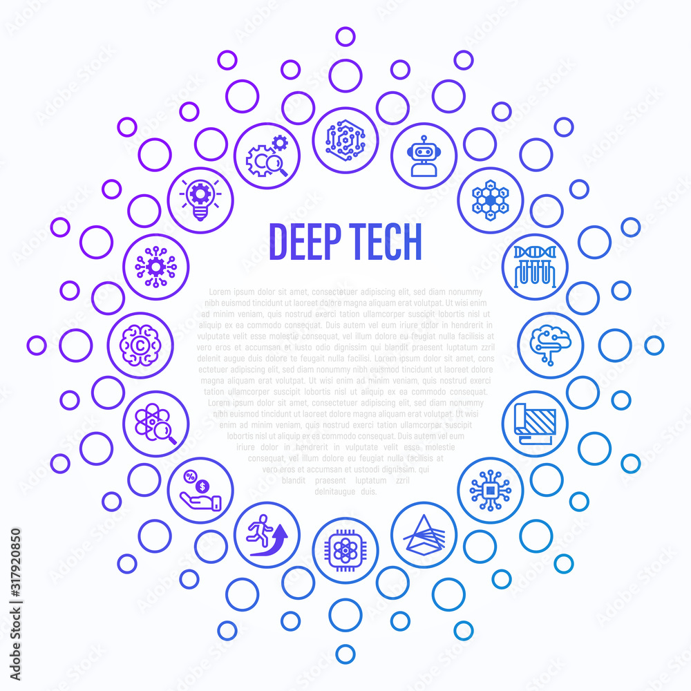 Deep tech concept in circle shape with thin line icons. Symbols of ai ...