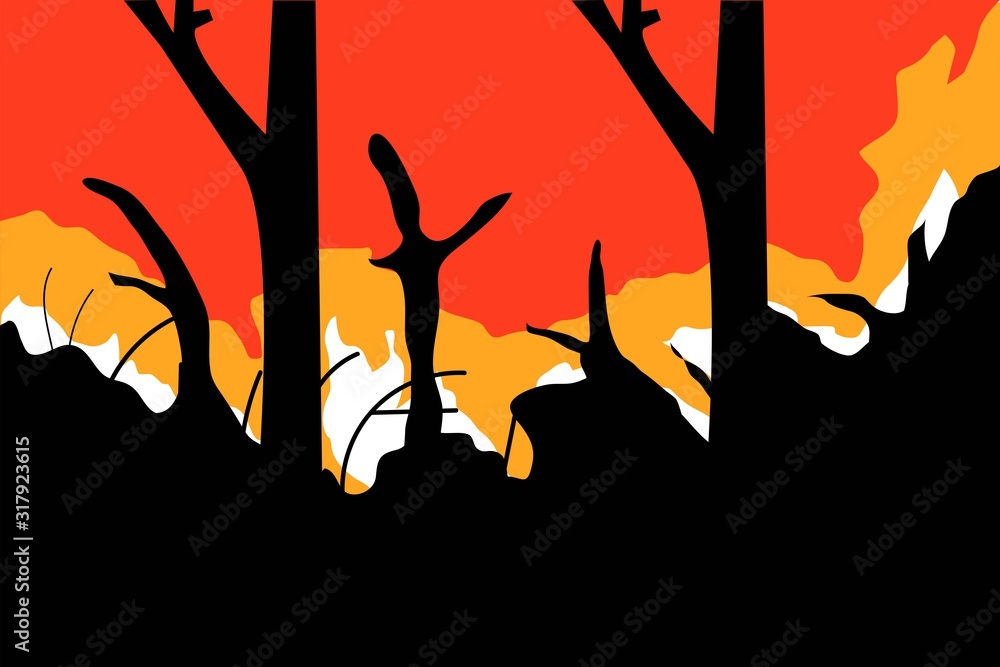 vector illustration forest fire background. Wind blowing on a flaming ...