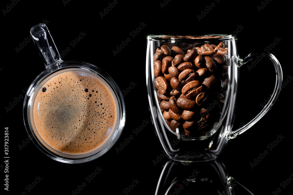 composition of two cups with coffee. on the left is a cup with finished ...
