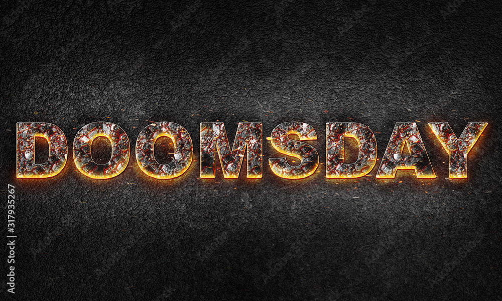Stockillustratie Word "Doomsday" is written with burning text effect on ...