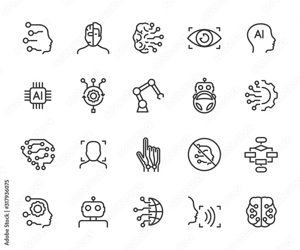 Vector set of artificial intelligence line icons. Contains icons of ...