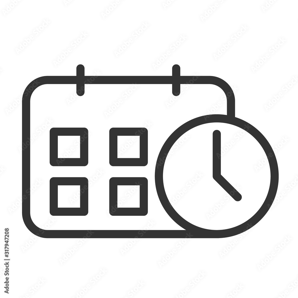 Calendar with clock outline vector icon isolated on white background ...