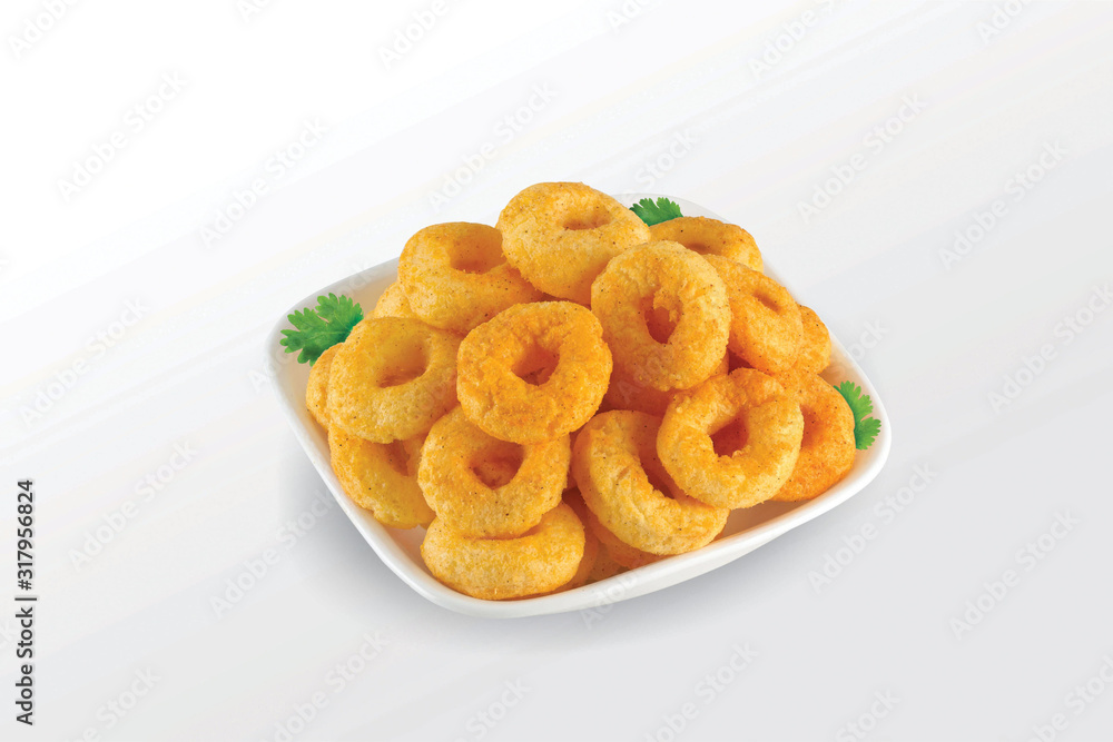 Pile of crispy Masala Corn ring, Cream & Chilli snack (Fryums - Frymus ...