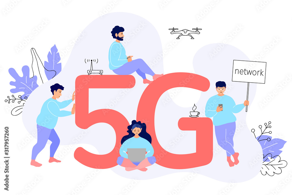 5G technology. Concept with 5g letters and people. Women and men with ...