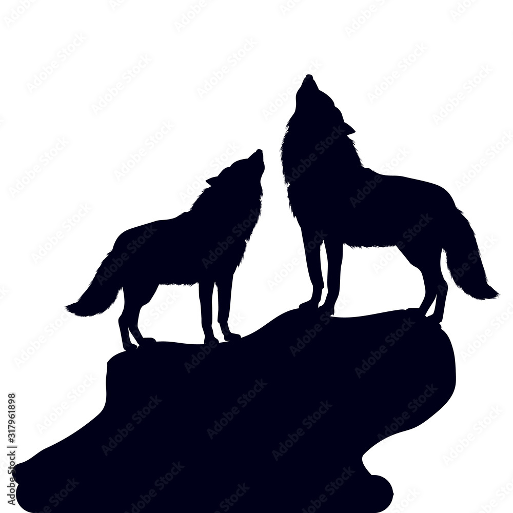 Pair of Wolves on a hill with their heads raised, howl, silhouette on a ...