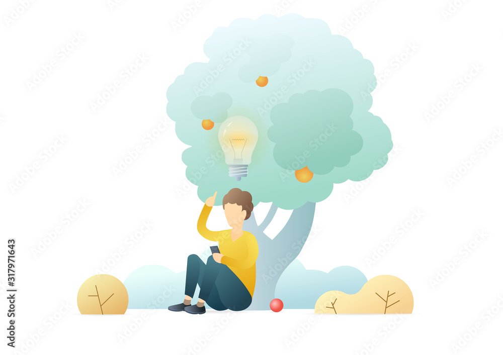Creative thinking idea generation flat vector illustration. Young man ...