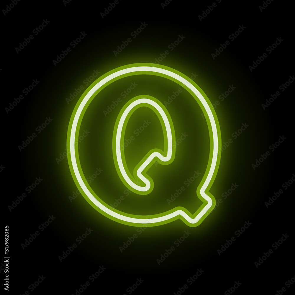 Green neon letter Q with glow on black background. Blur effect is made ...