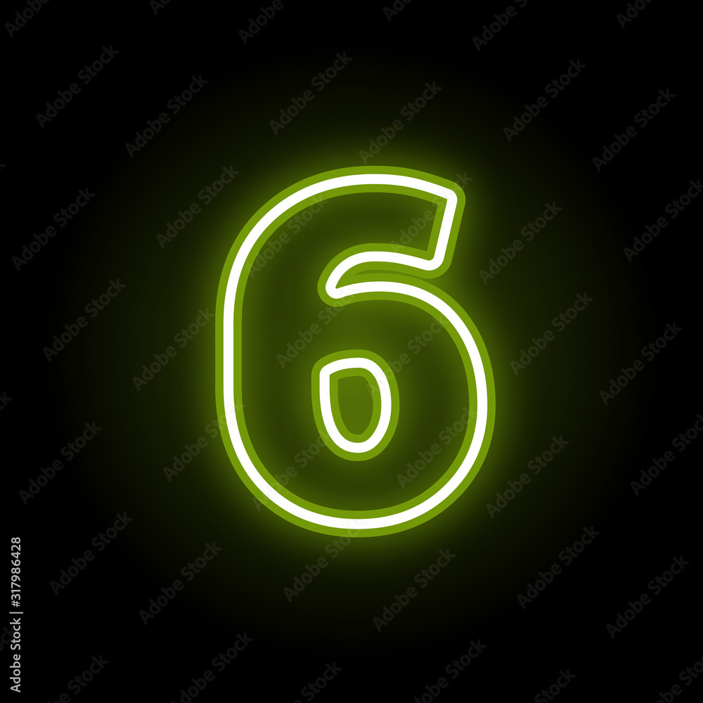 Green neon number 6 with glow on black background. Blur effect is made ...