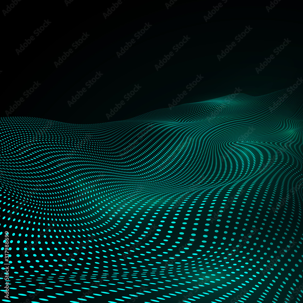 Cyber or technology background in green colors. Warp surface of matter ...