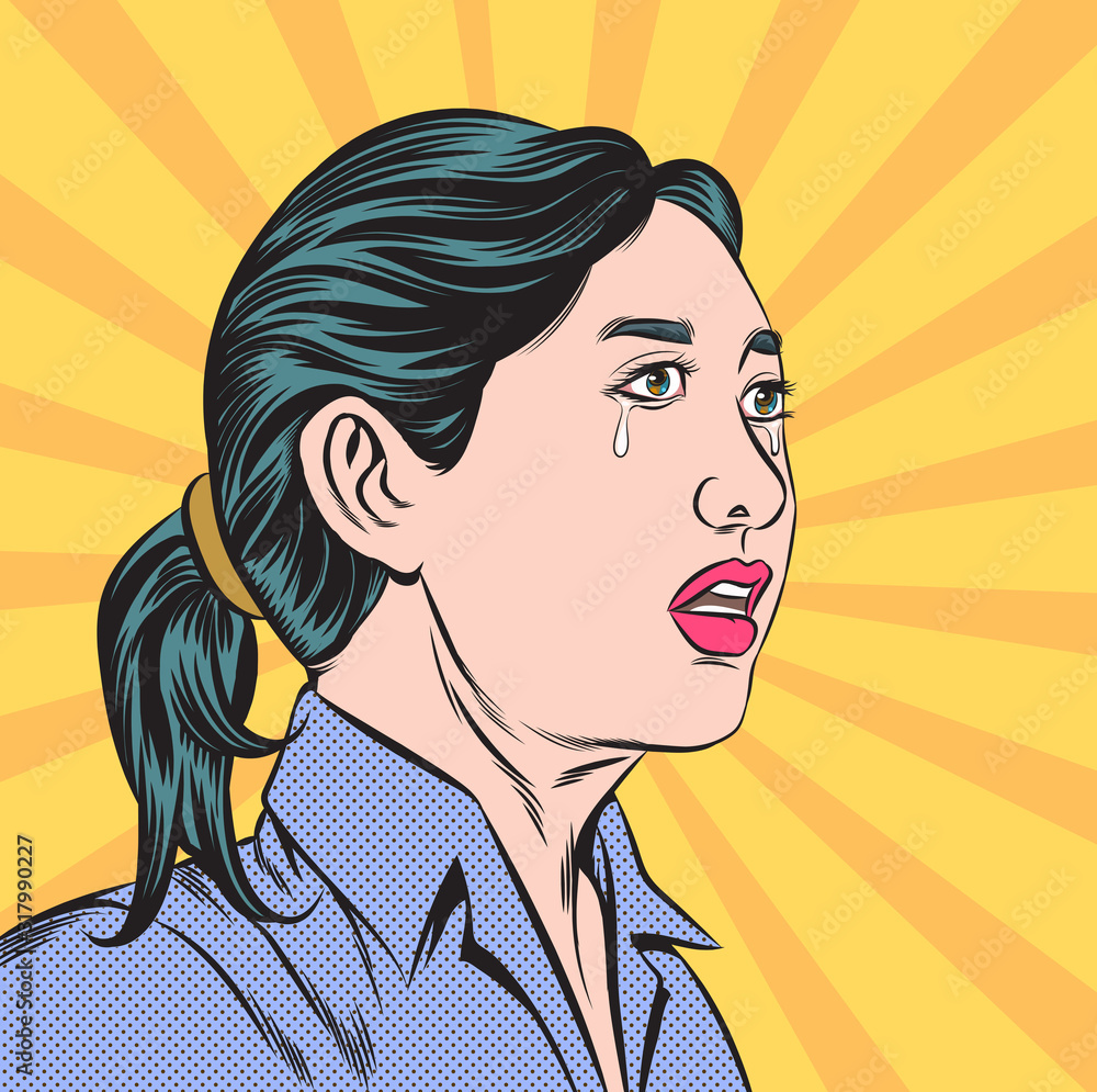 Beautiful woman crying hard.Pop art retro comic book cartoon drawing ...