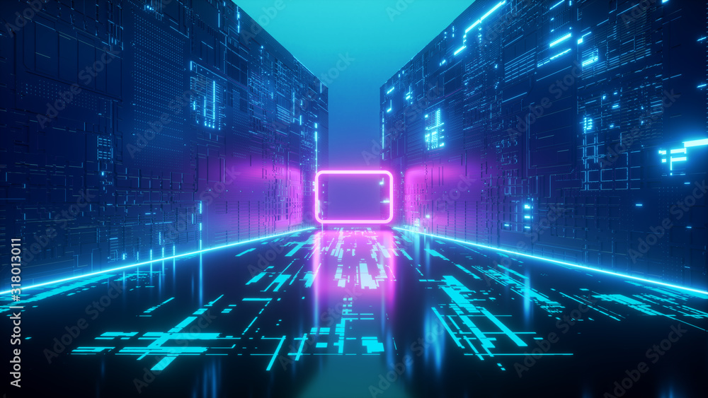 Futuristic interior. Violet and blue glowing neon. Technology concept ...