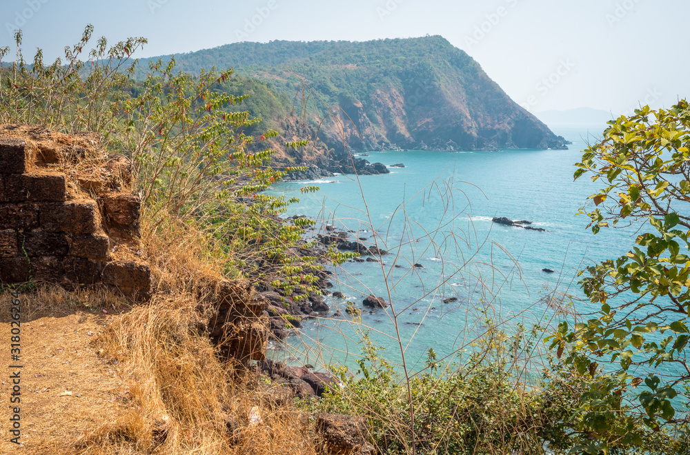 Indian ocean. Panorama of Arabian sea coast, India, Goa. View from the ...