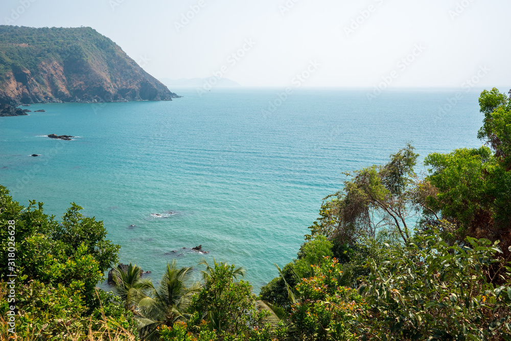 Indian ocean. Panorama of Arabian sea coast, India, Goa. View from the ...