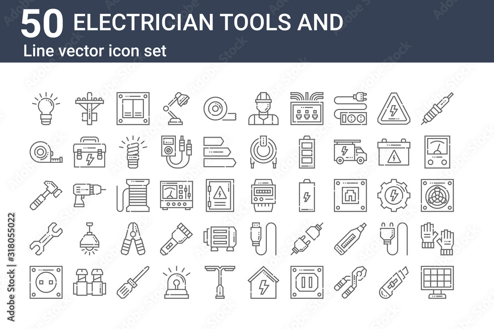 set of 50 electrician tools and icons. outline thin line icons such as ...