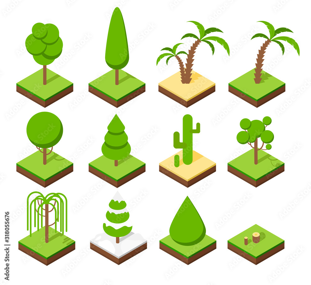Isometric set of park plants. Vector isometric tree icons for maps ...