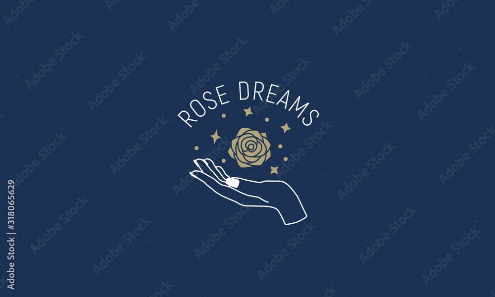 Abstract rose logo with female hand and stars. Minimal linear art ...
