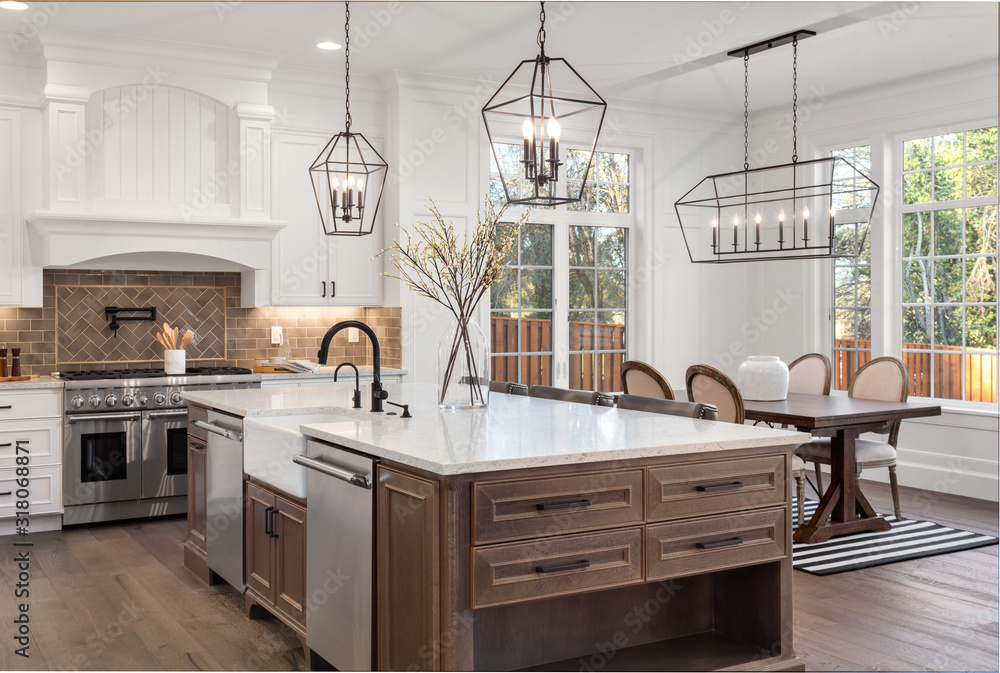 Beautiful kitchen in new traditional style luxury home, with quartz ...