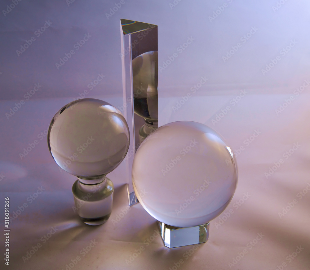 Crystal Still Life: two crystal spheres with a prisim on end. Stock ...