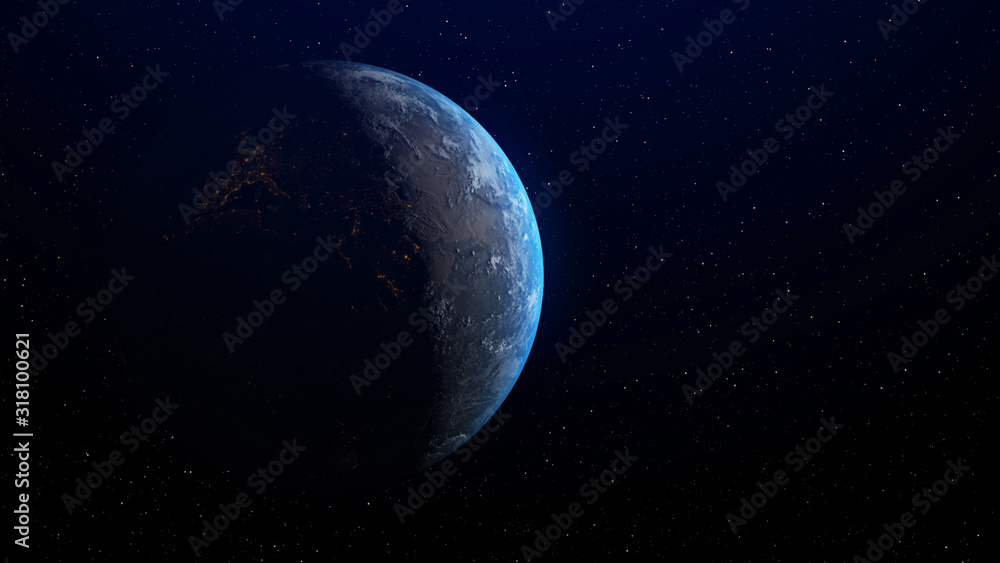 Realistic earth planet with sunrise at the horizon by 3d rendering ...