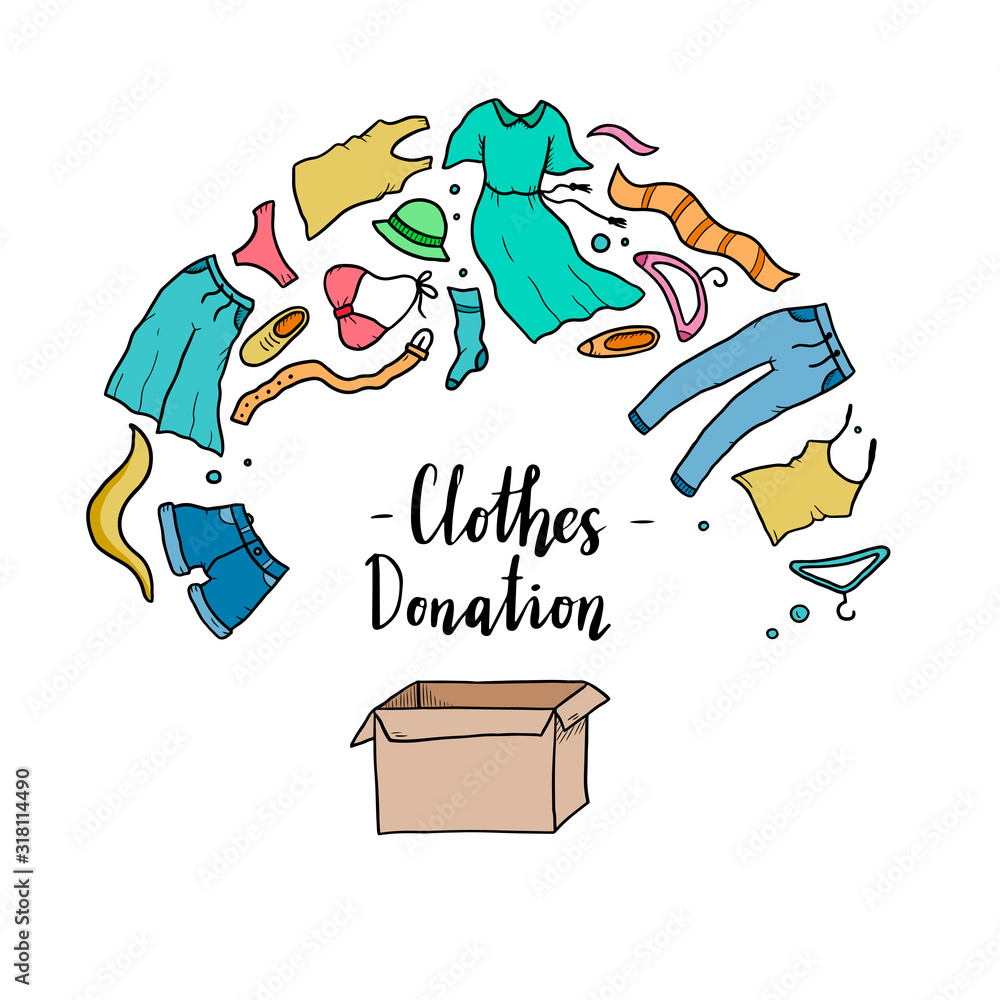 Hand drawn illustration of clothes donate, charity, care concept ...