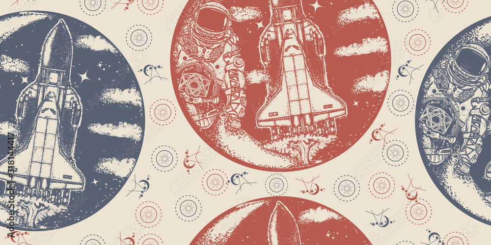 Space shuttle and astronaut. Seamless pattern. Packing old paper ...