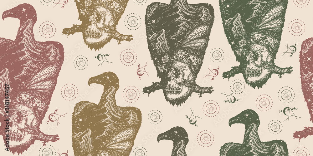 Vulture double exposure. Seamless pattern. Packing old paper ...