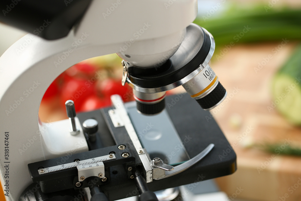Microscope head on kitchen background vegetables concept nitrates Stock ...