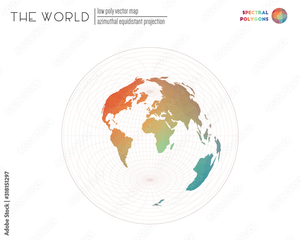 Low poly design of the world. Azimuthal equidistant projection of the ...