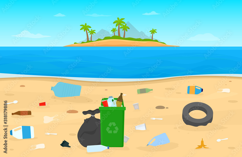 Vector illustration of plastic pollution on the beach. Dirty beach with ...