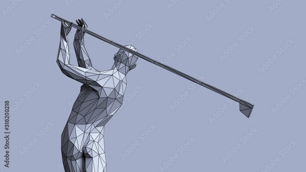 3d render minimalist low poly golf player with thin black line on white ...
