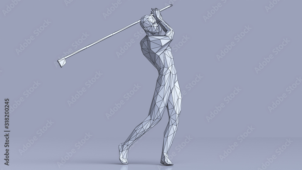 3d render minimalist low poly golf player with thin black line on white ...