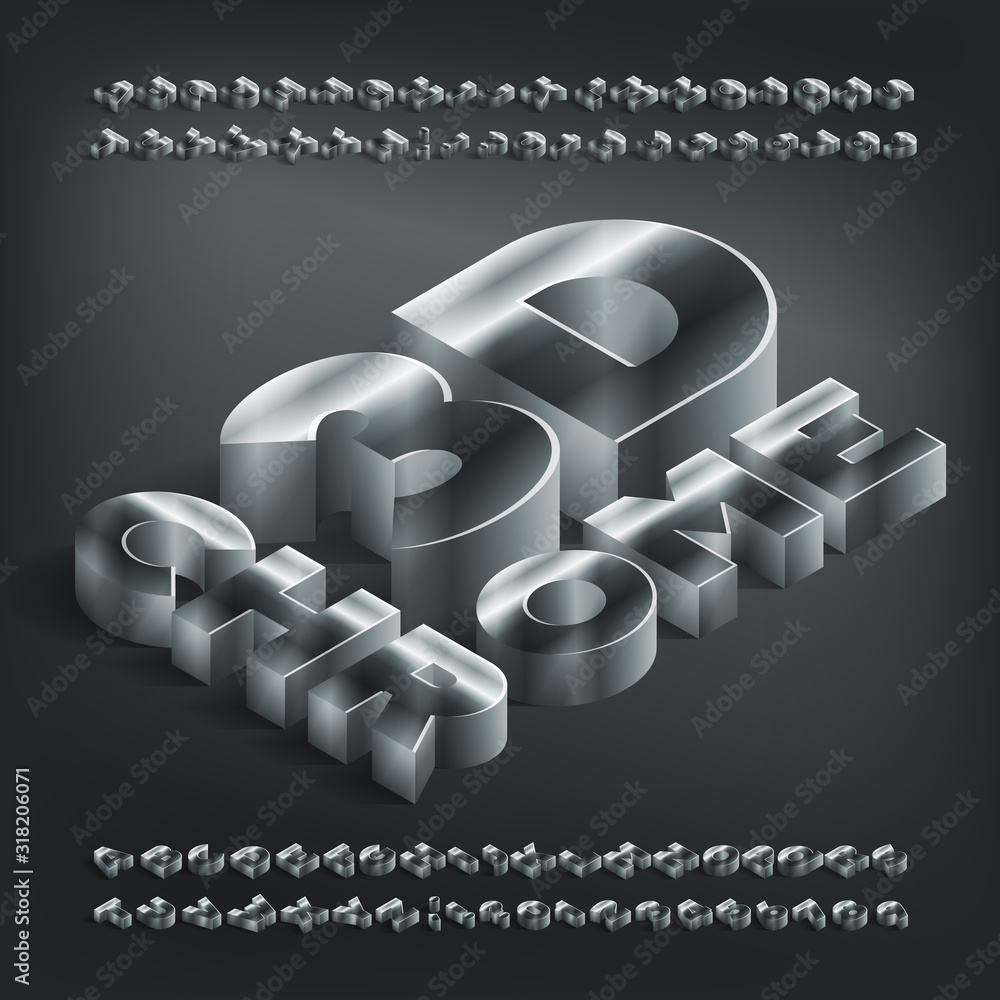 3D chrome alphabet font. Isometric metallic letters and numbers with ...