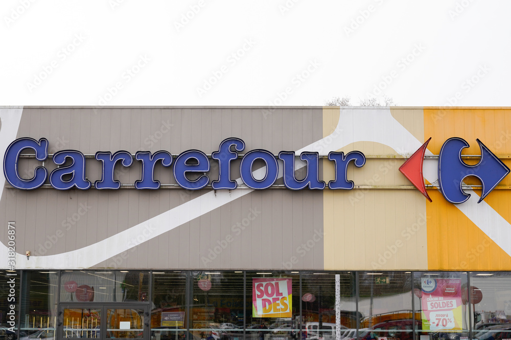Carrefour french shop supermarket sign logo store hypermarket Stock ...