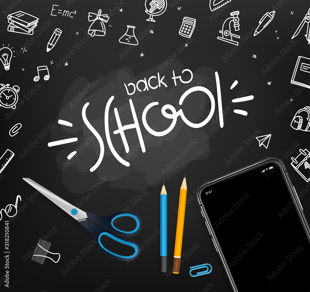 School chalkboard with different objects and lettering logo. Welcome ...
