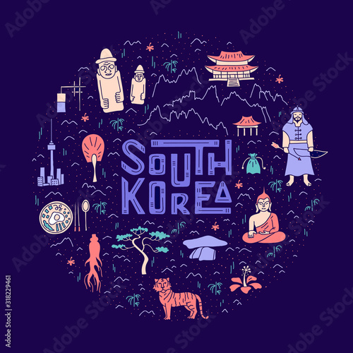 Cartoon map of South Korea in the shape of a circle. Hand-drawn concept ...