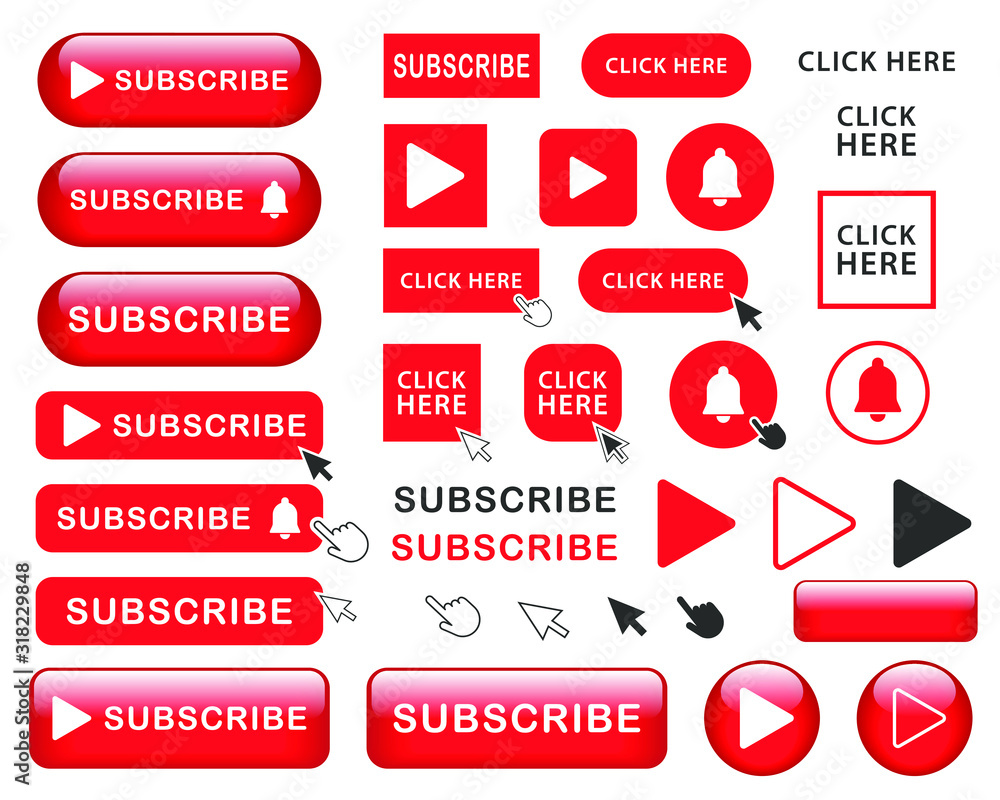 Subscribe icon shape sign set. Red button subscribe to channel, blog. Social media logo symbol ...