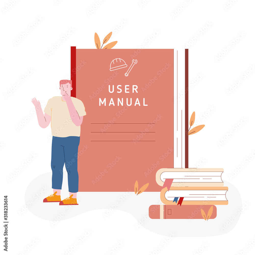Thoughtful Male Character Stand near Huge User Manual Booklet and Pile ...