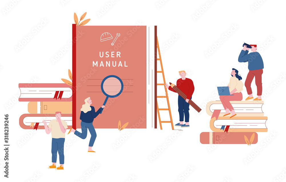 User Manual Concept. People with Some Office Stuff Discussing Content ...