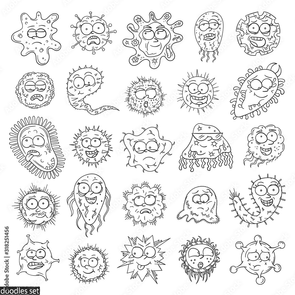 Microbes doodles set. Viruses. Bacteria. Cells. Germs. Allergy. Disease ...