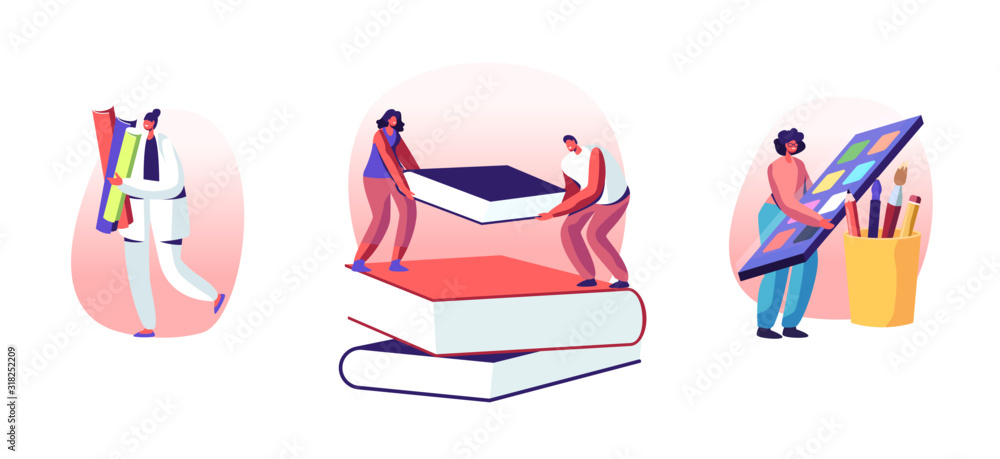 Education and Knowledge Concept. Women and Men Characters Holding Huge ...