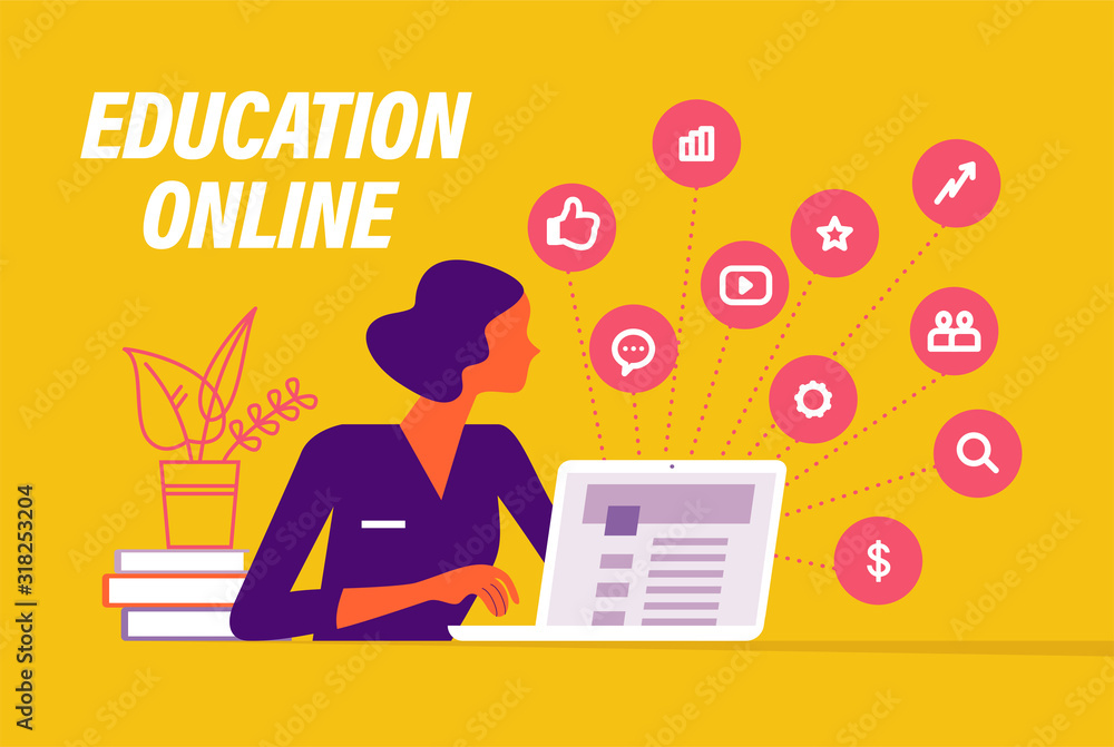 Online learning concept. People at laptop metaphor, video, social media ...