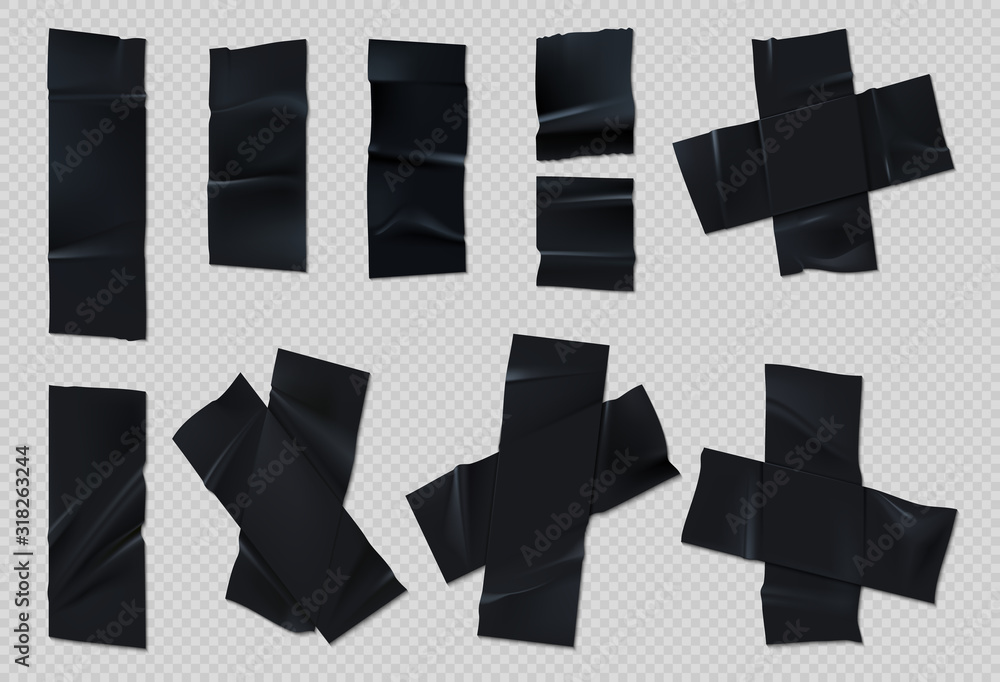 Black adhesive tape. Realistic group torn scotch with wrinkles on ...