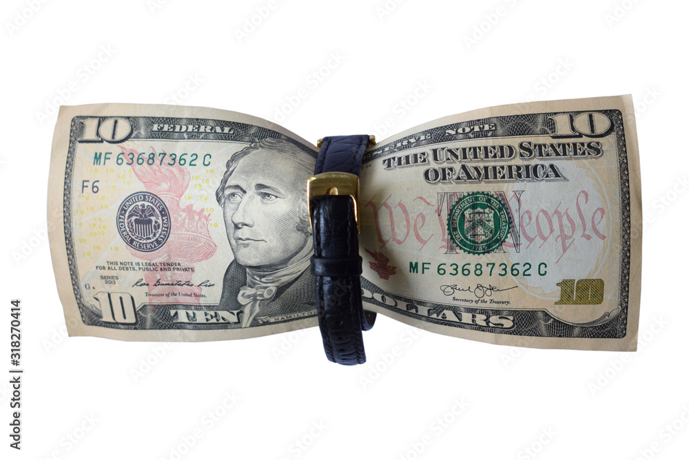 A 10 dollar bill with a black strap in the middle. Concept of saving ...