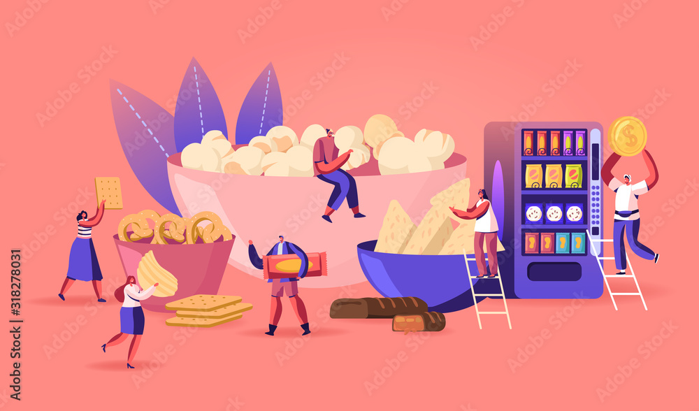 People Eating Snacks Concept. Tiny Male and Female Characters Enjoying ...