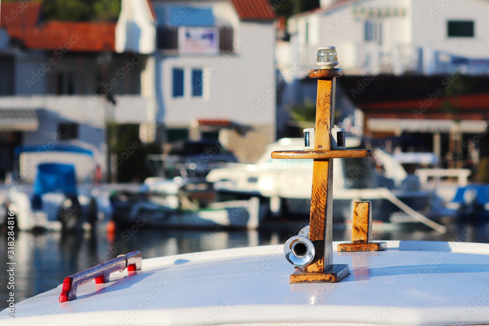 Top of a small fishing boat equipped with a siren and onboard ...